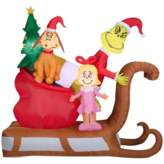 The Grinch With Max and Cindy Lou Sleigh Scene Christmas Inflatable